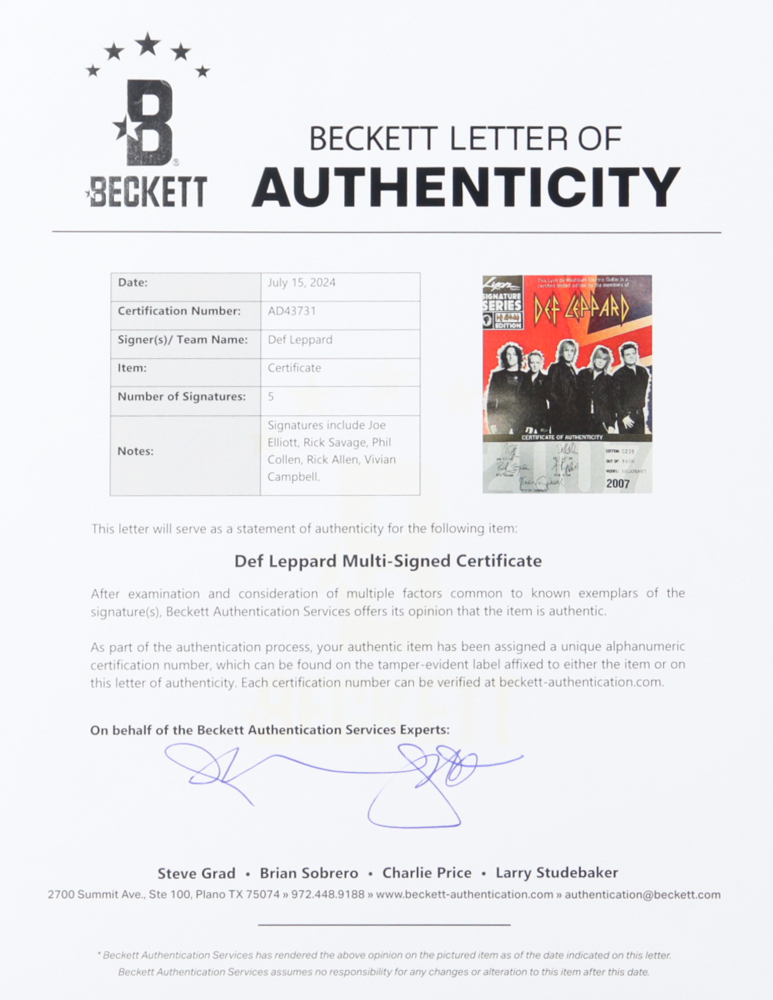 "Def Leppard" Custom LE Electric Guitar & Letter Band-Signed By (5 ...