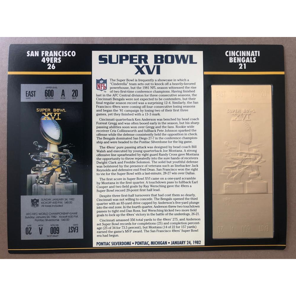 1982 Commemorative Super Bowl XVI Card with Gold Ticket: 49ers vs ...