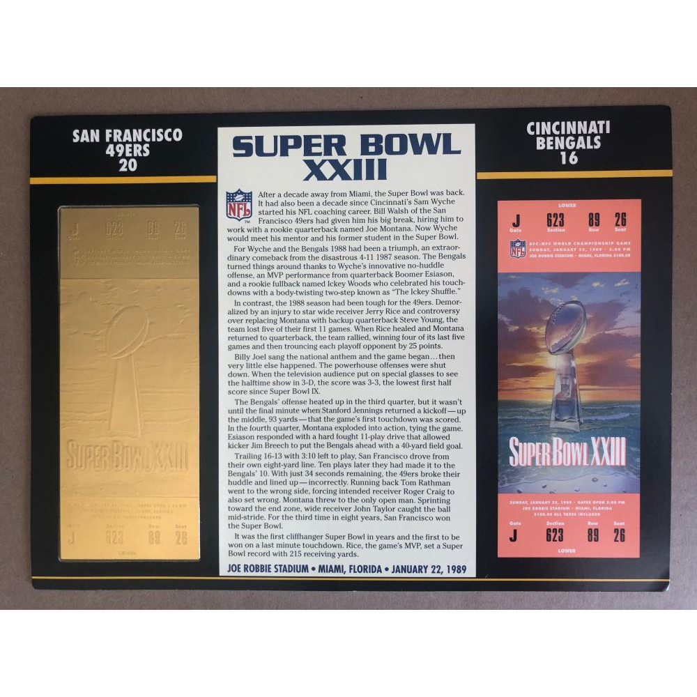 1989 Commemorative Super Bowl XXIII Card with Gold Ticket: 49ers vs ...