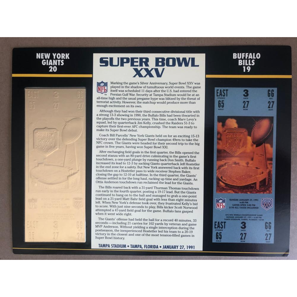 1991 Commemorative Super Bowl XXV Card with Gold Ticket: Giants vs ...