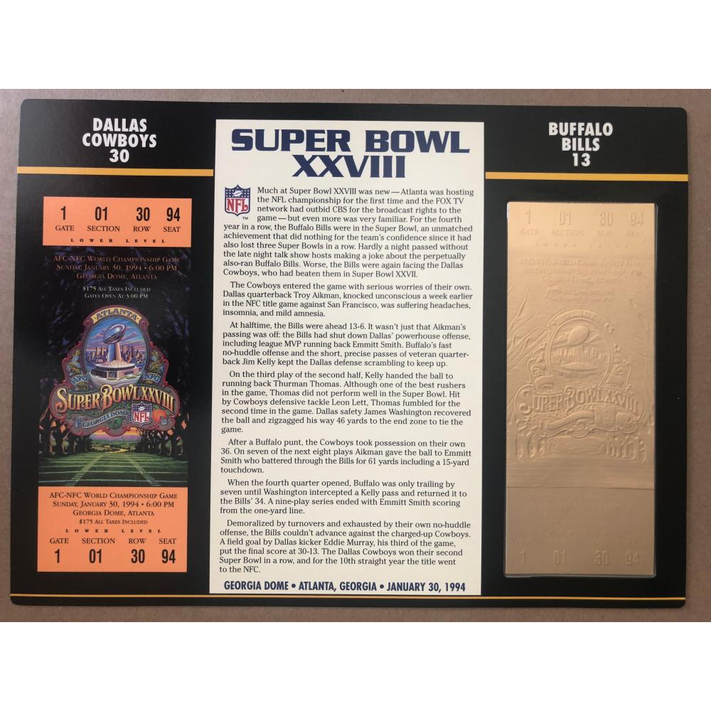 1994 Commemorative Super Bowl XXVIII Card with Gold Ticket: Cowboys vs ...