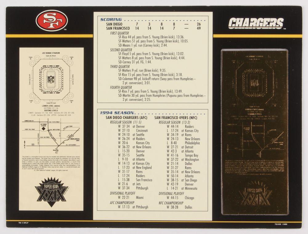 1995 Commemorative Super Bowl XXIX Card with Gold Ticket: 49ers vs ...