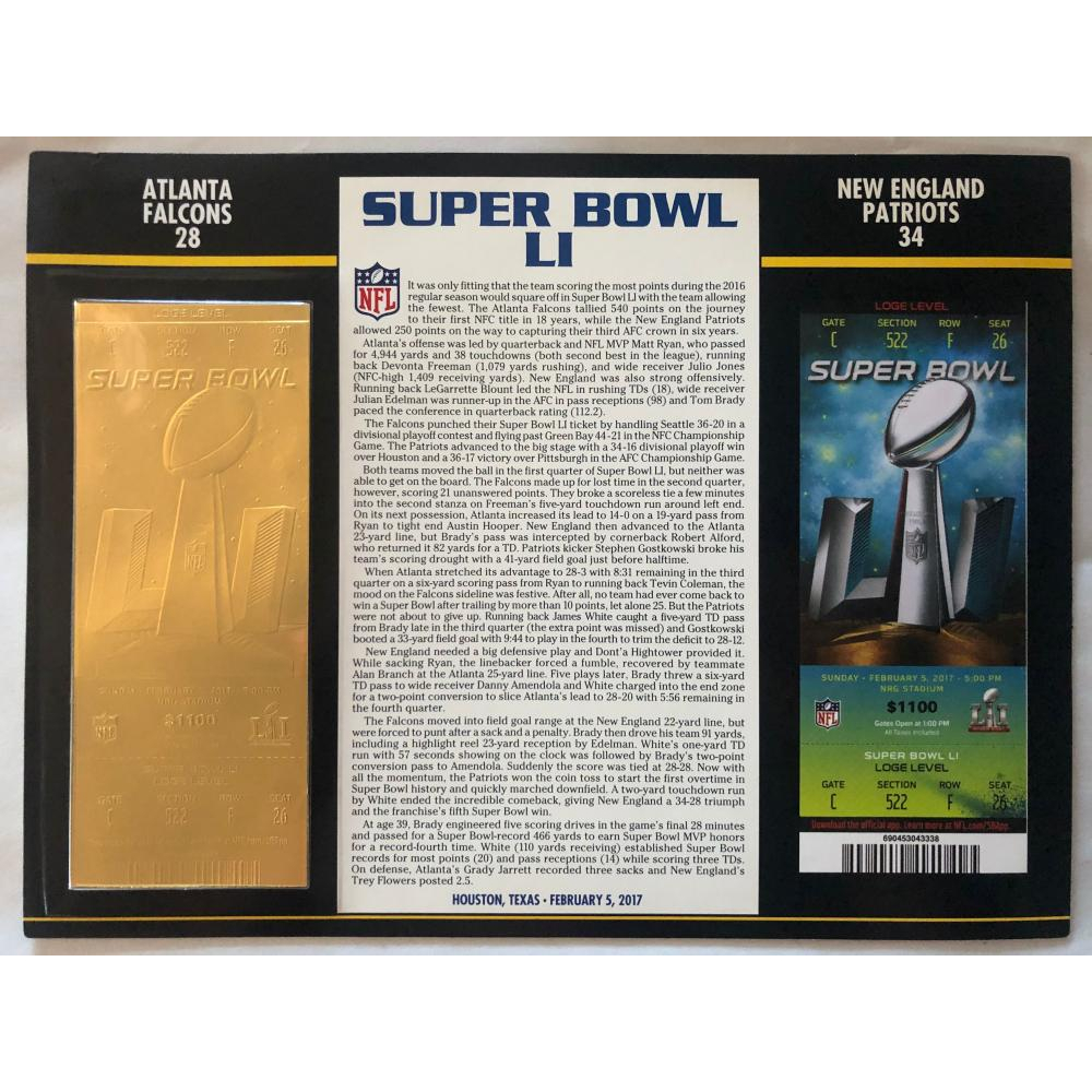 2017 Commemorative Super Bowl LI Card with Gold Ticket: Falcons vs Patriots | Pristine Auction