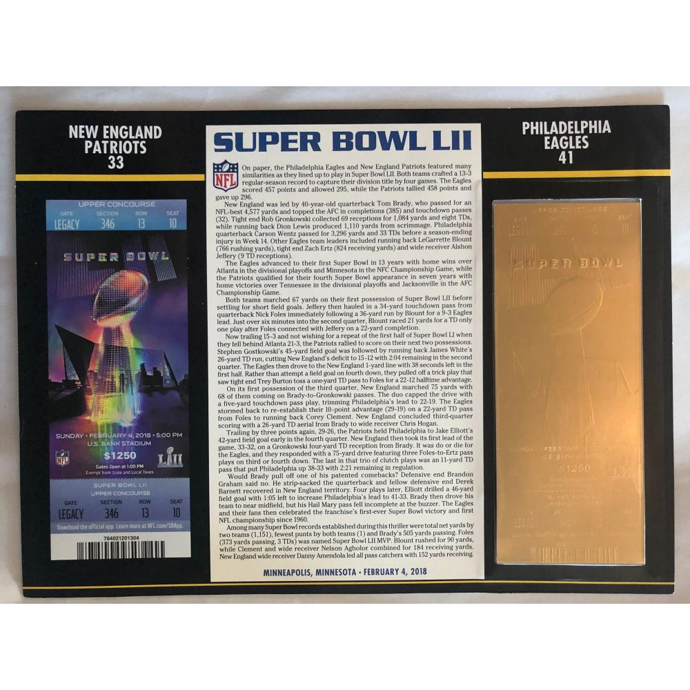 2018 Commemorative Super Bowl LII Card with Gold Ticket: Patriots vs ...