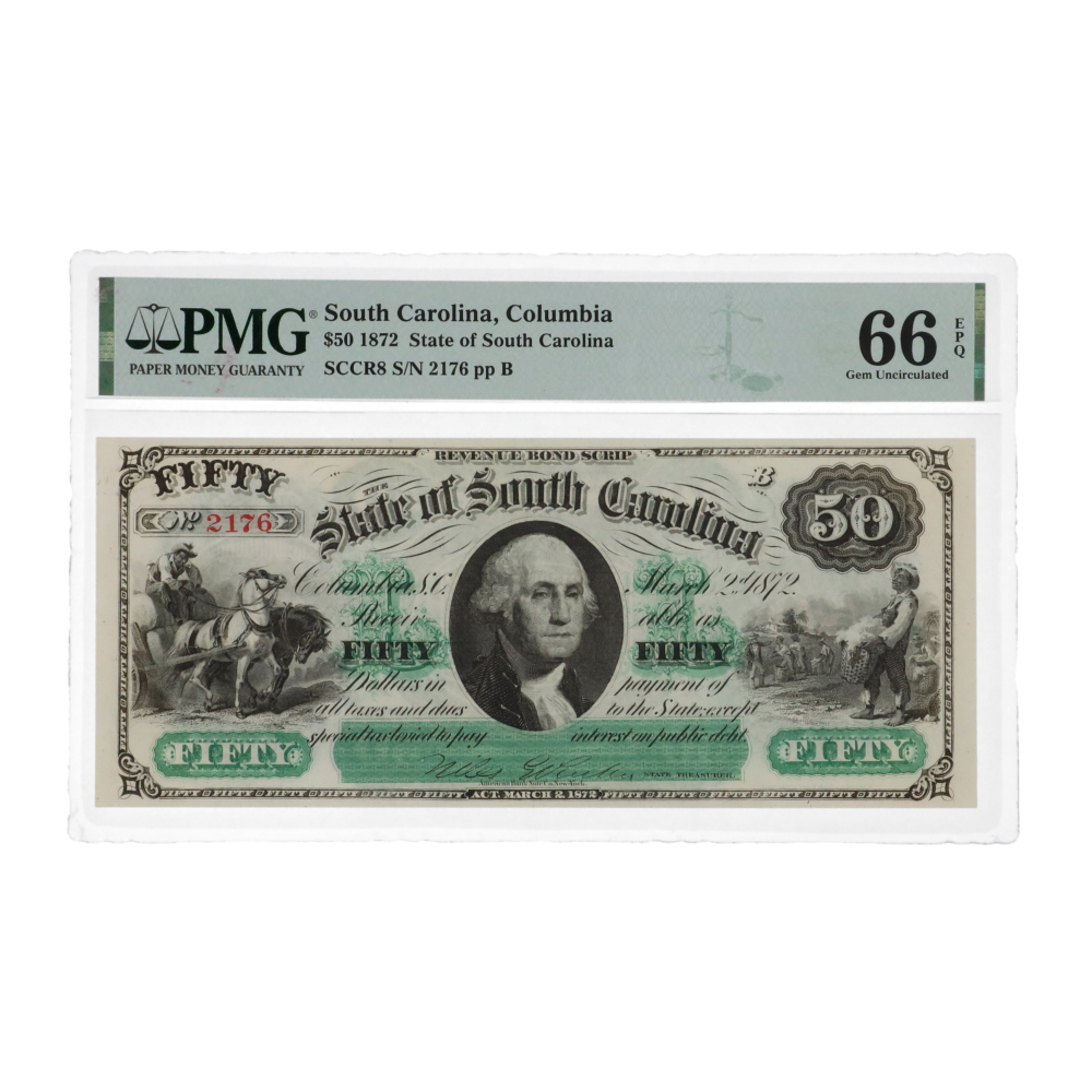 1872 State of South Carolina $50 Revenue Bond Script (PMG GU66 ...