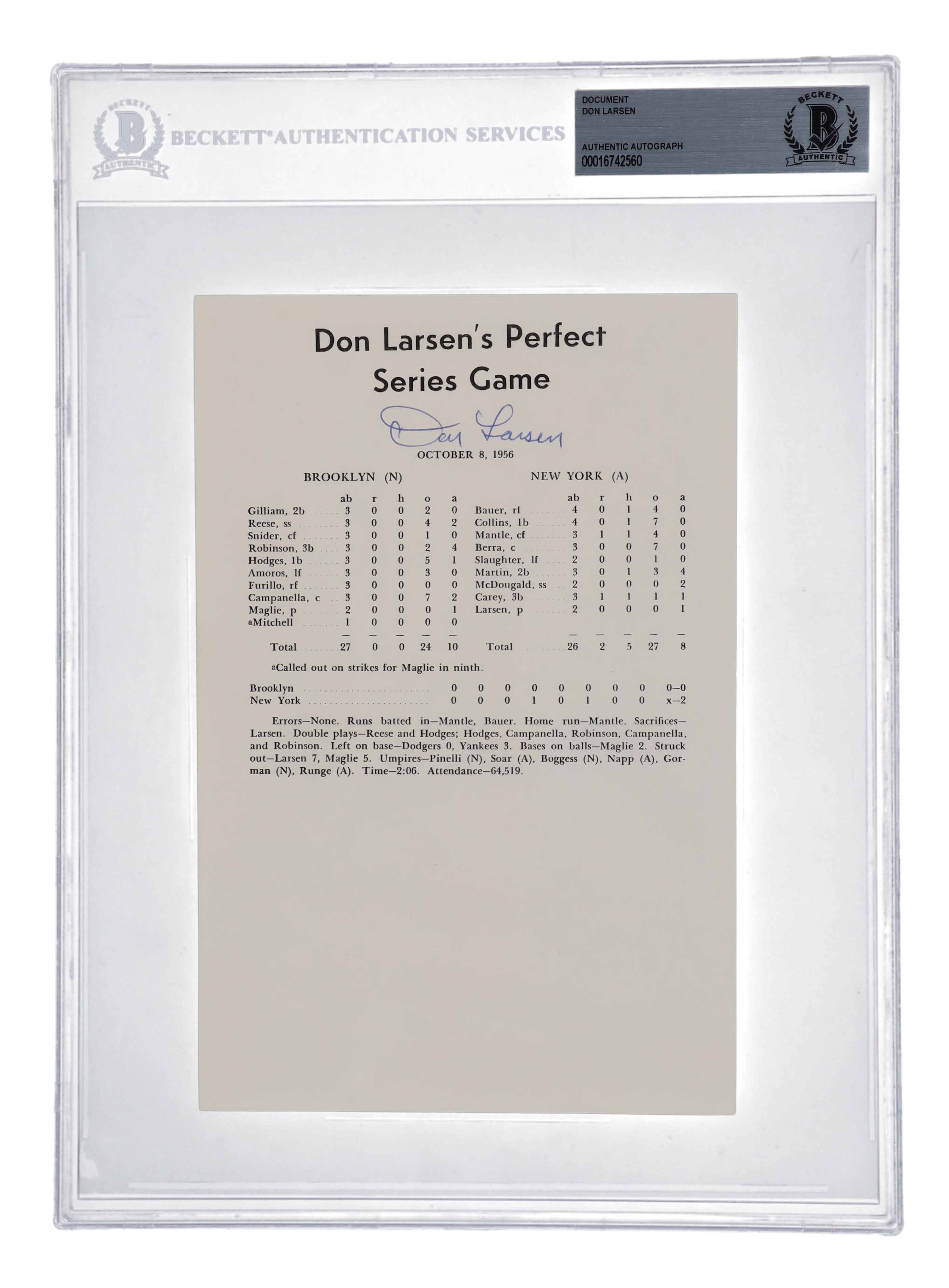 Don Larsen Signed 1956 World Series Perfect Game Score Document Sheet ...