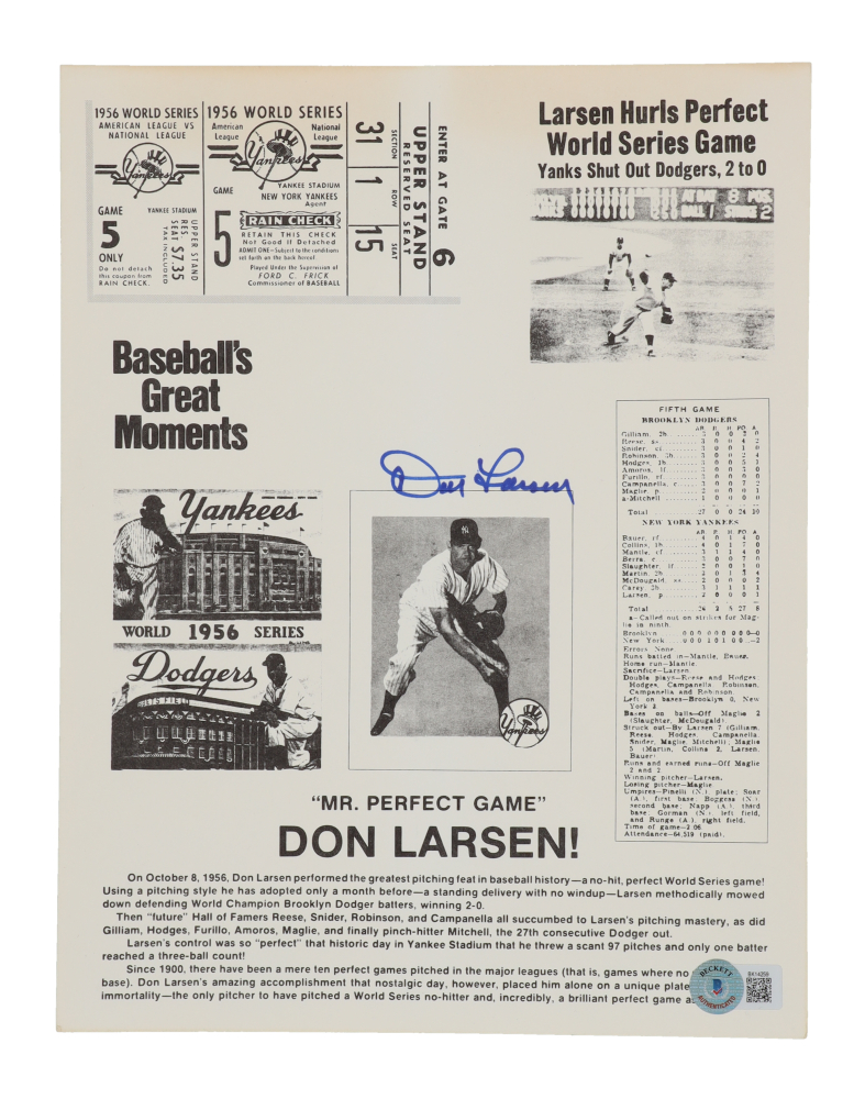 Don Larsen Signed 1956 World Series Perfect Game 8.5x11 Sheet (Beckett ...