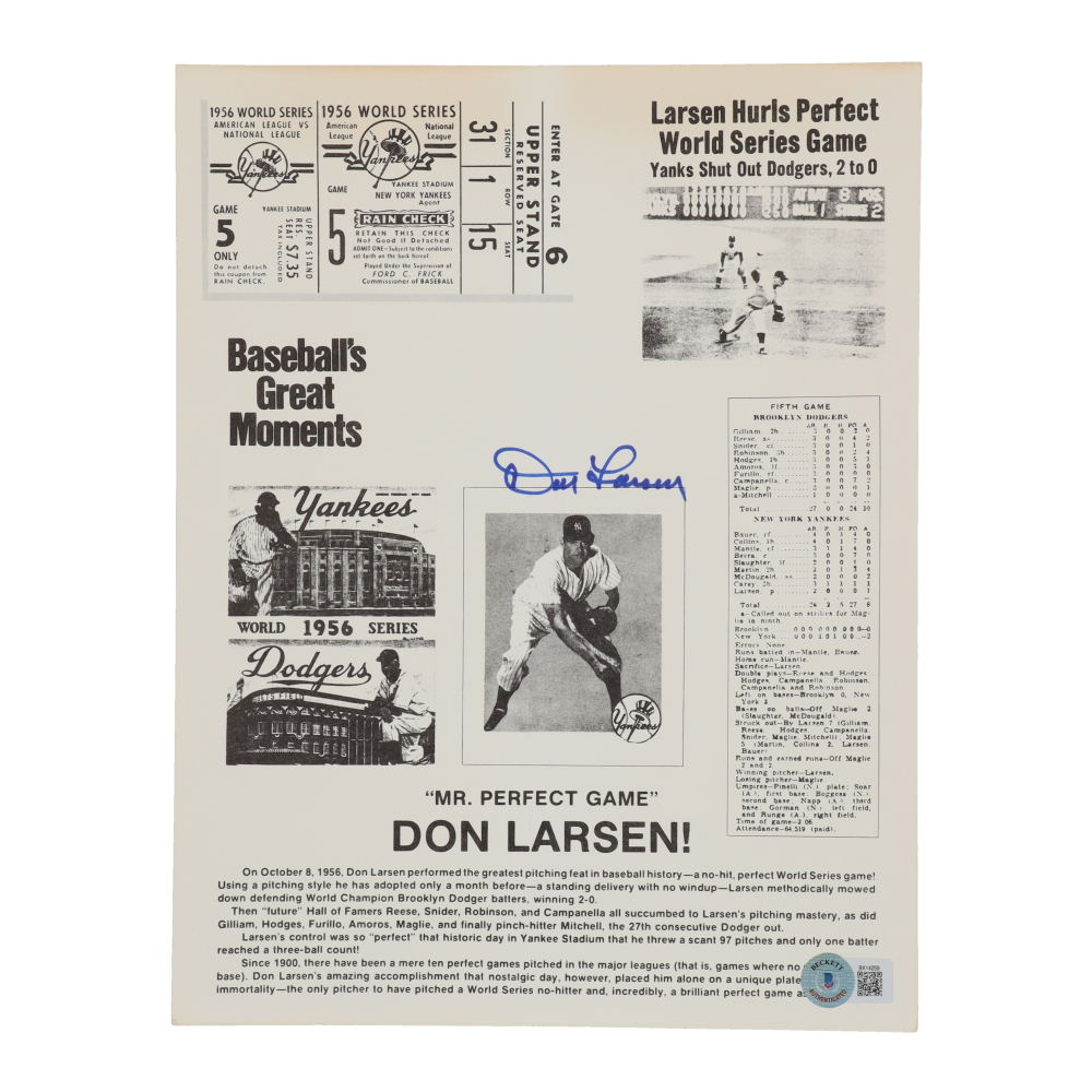 Don Larsen Signed 1956 World Series Perfect Game 8.5x11 Sheet (Beckett ...