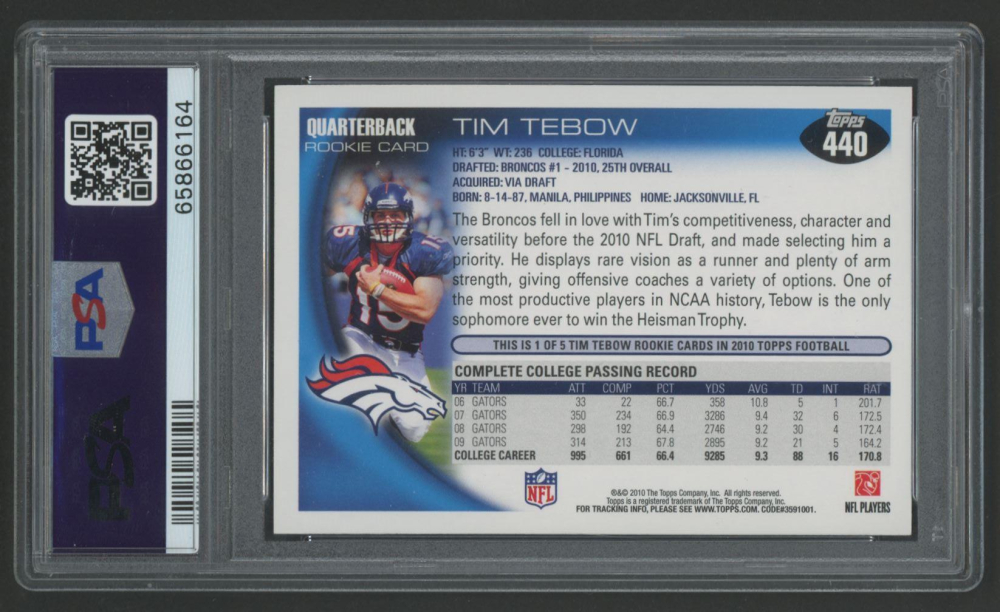 Tim Tebow Signed 2010 Topps #440A RC (PSA) | Pristine Auction