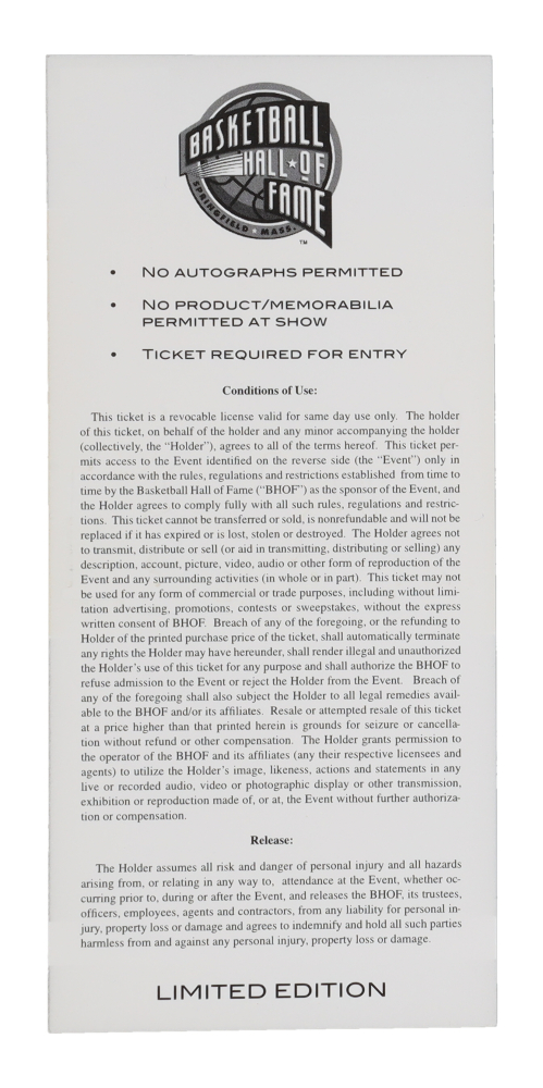 2009 Enshrinement Basketball Hall of Fame Ceremony VIP Ticket ...