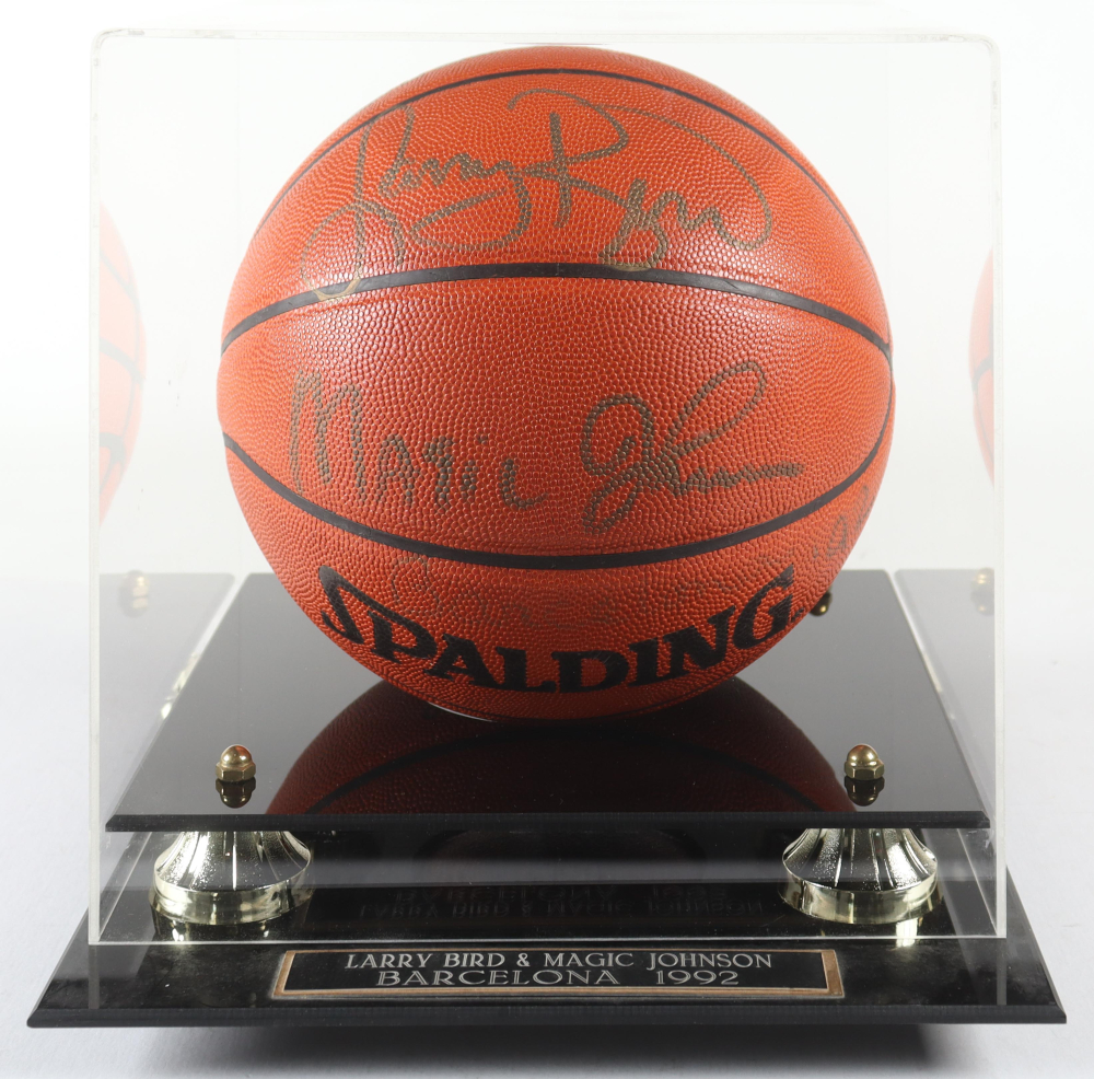 Magic Johnson & Larry Bird Signed Basketball Inscribed "Barcelona '92" with Acrylic Display Case ...