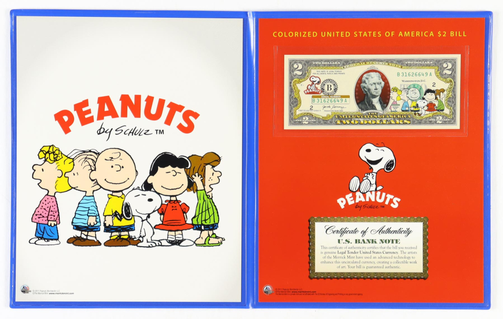 Peanuts Genuine Legal Tender Colorized U.S. $2.00 Two Dollar Bill ...