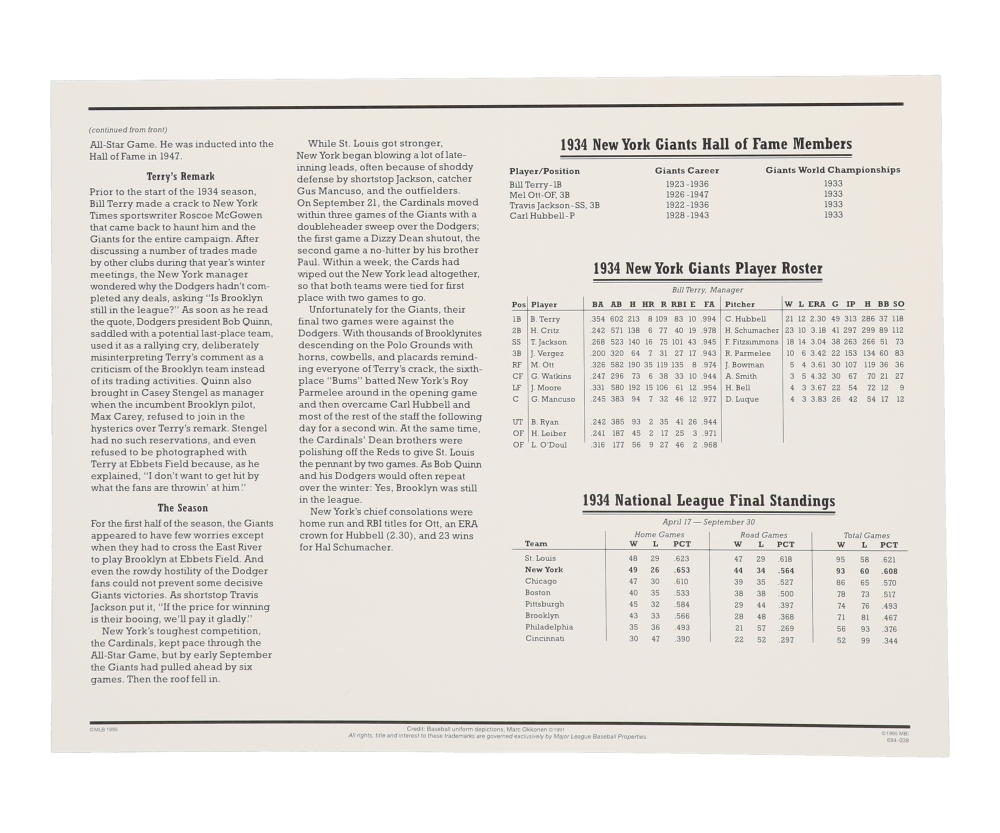 1934 Giants Cooperstown Collections Statistics Commemorative 9x12 Stat ...
