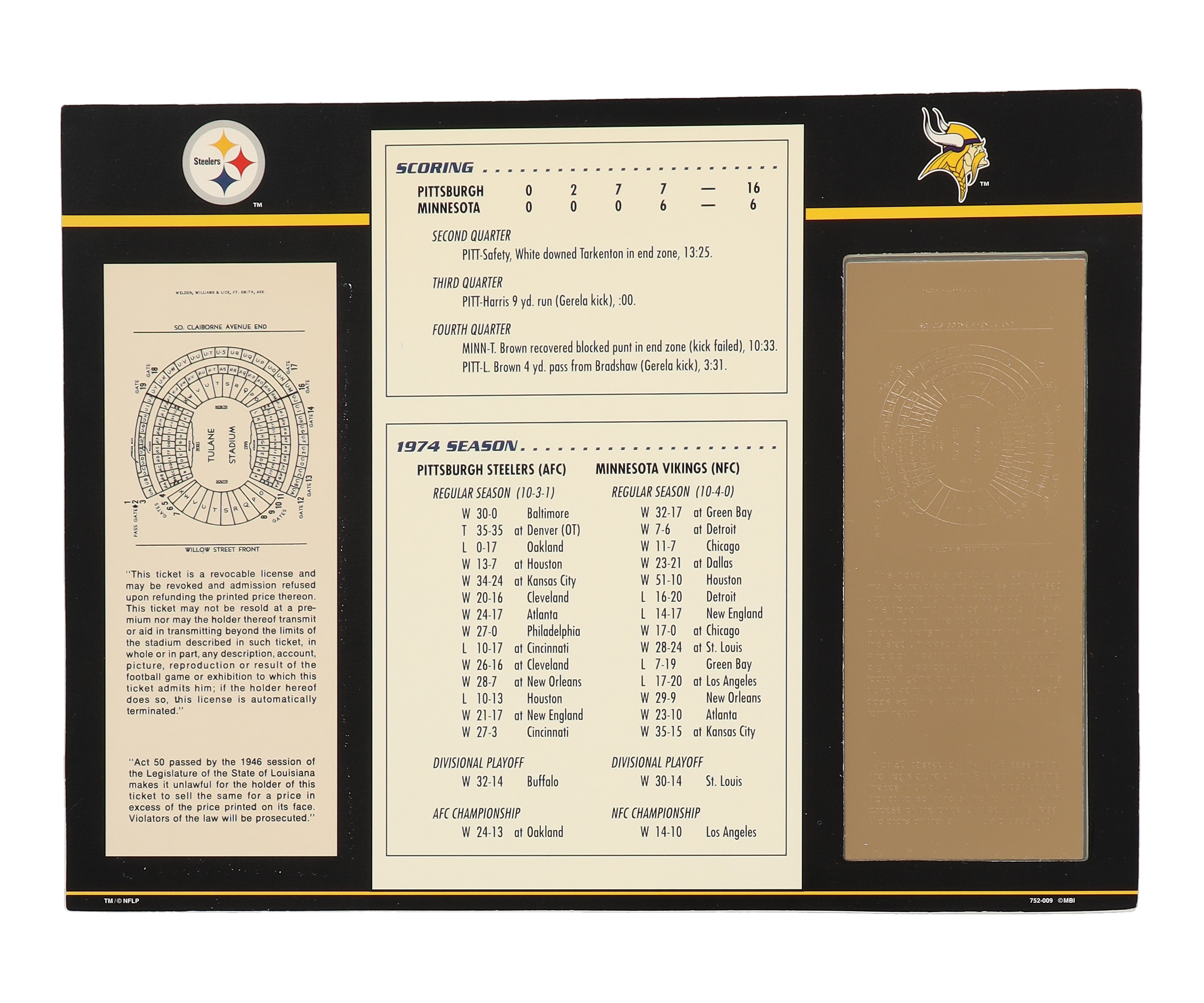 Super Bowl IX Commemorative 9x12 Score Card Display with 22KT Gold ...