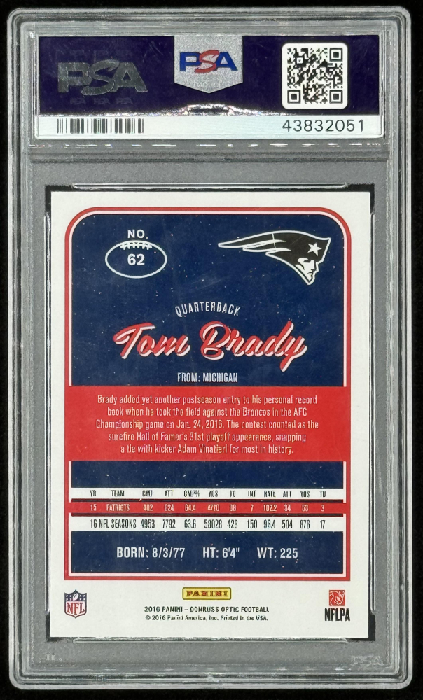 Tom Brady 2016 Donruss Optic Holo #62 (PSA 9) | Pristine Auction