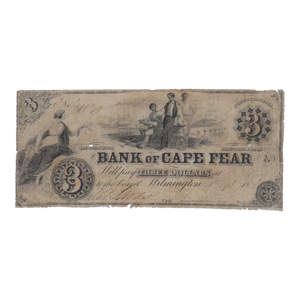 1850's Bank of Cape Fear $3 Three Dollar Bank Note | Pristine Auction