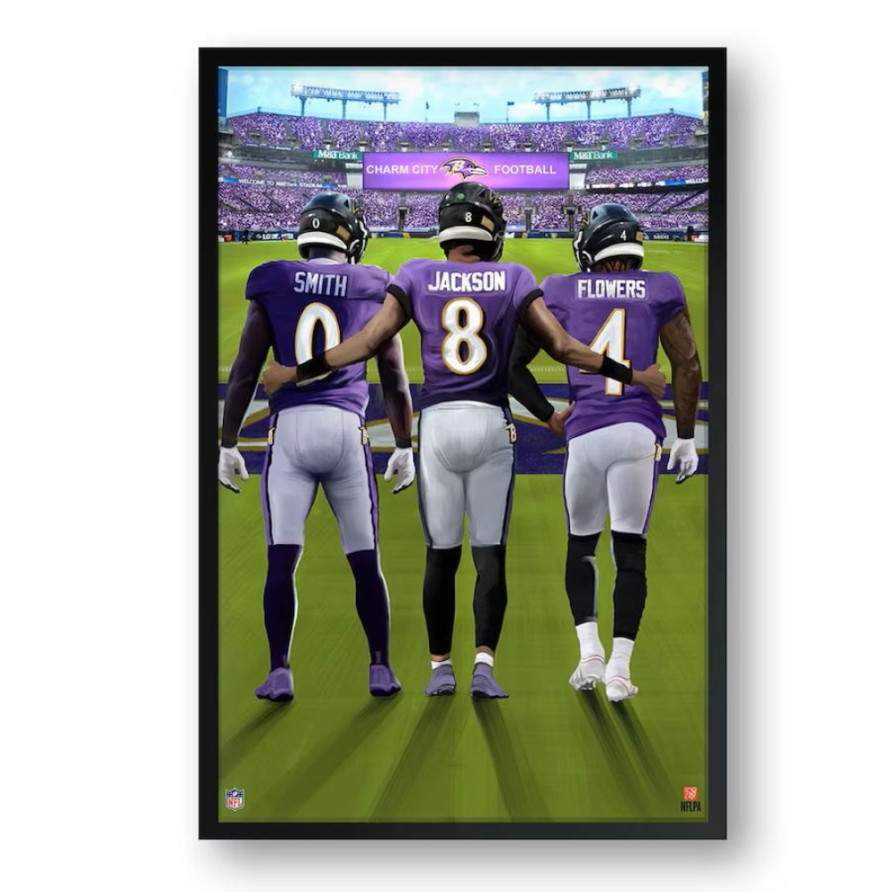 Lamar Jackson, Roquan Smith & Zay Flowers Ravens Custom Framed Print | Pristine Auction
