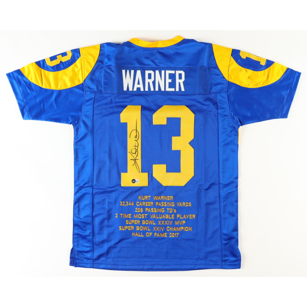 Kurt Warner Signed Career Highlight Stat Jersey (Beckett) | Pristine ...