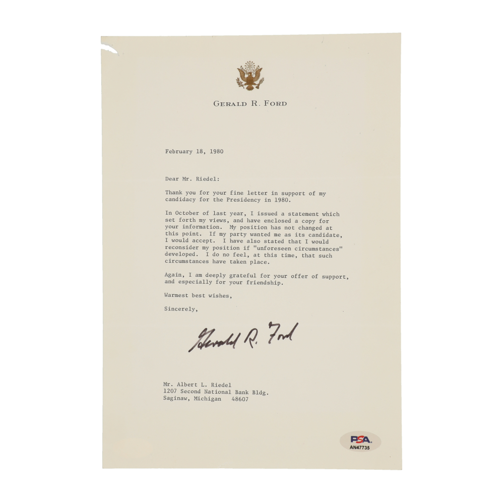 Gerald Ford Signed 1980 Personal Letterhead Typewritten Letter (PSA ...