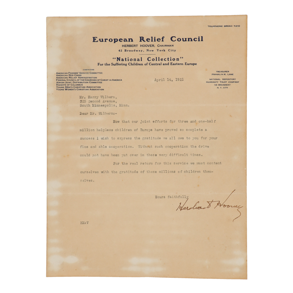 Herbert Hoover Signed 1921 European Relief Council Letterhead ...