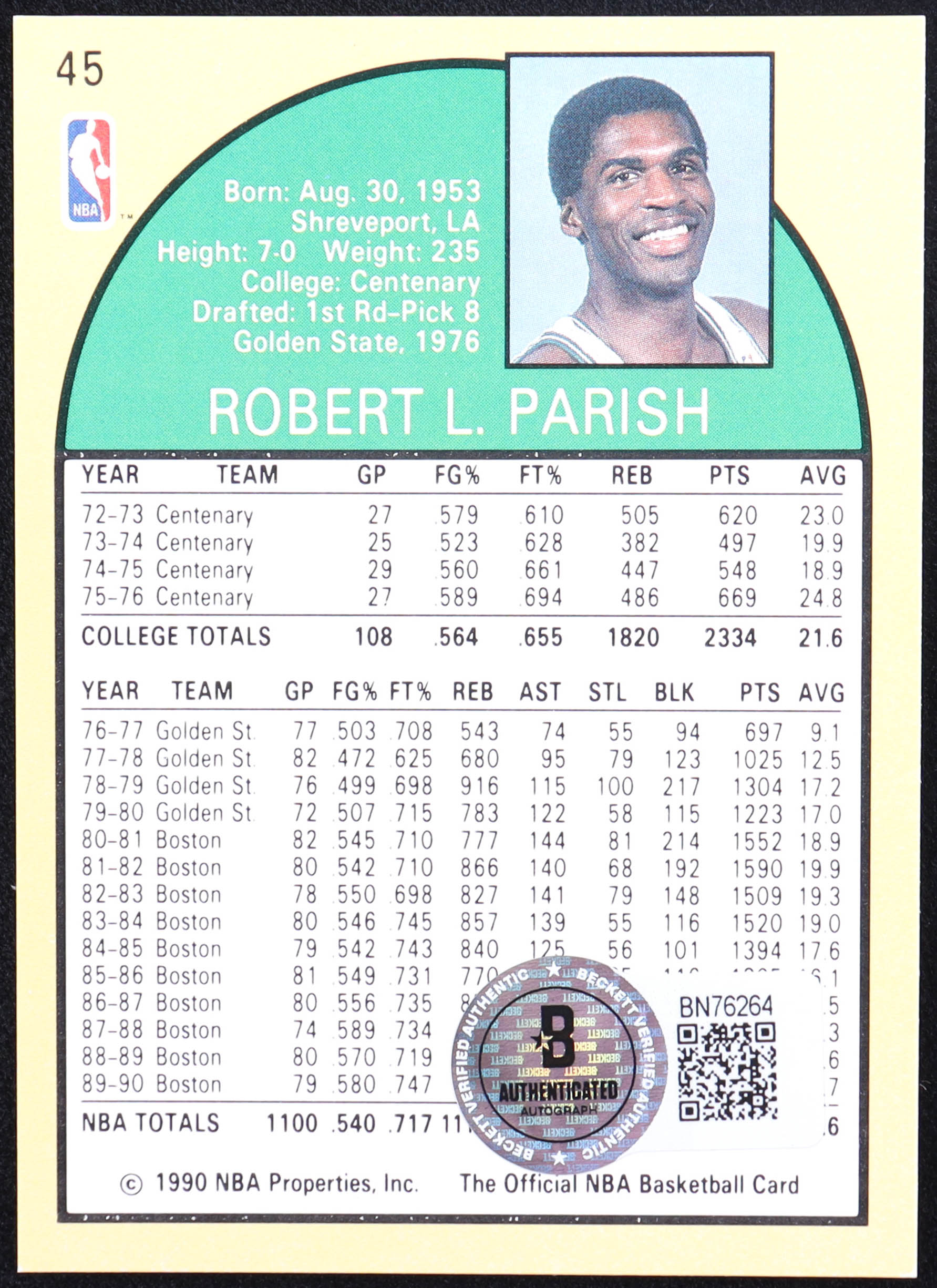 Robert Parish Signed 1990 Hoops #45 (Beckett) | Pristine Auction