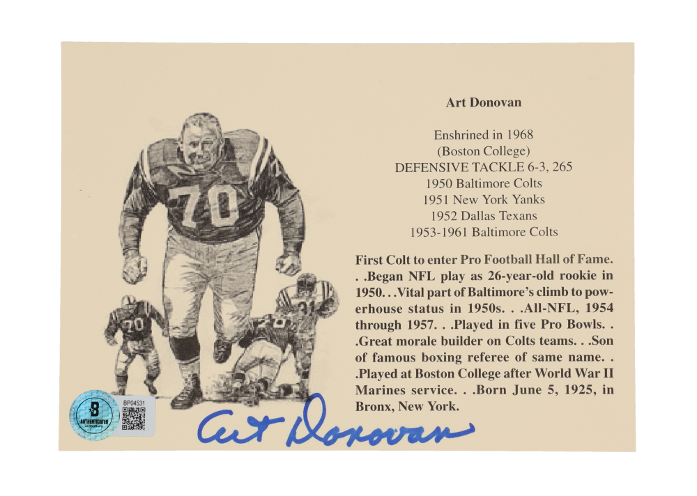 Art Donovan Signed 5x7 Hall of Fame Induction Card (Beckett) | Pristine ...