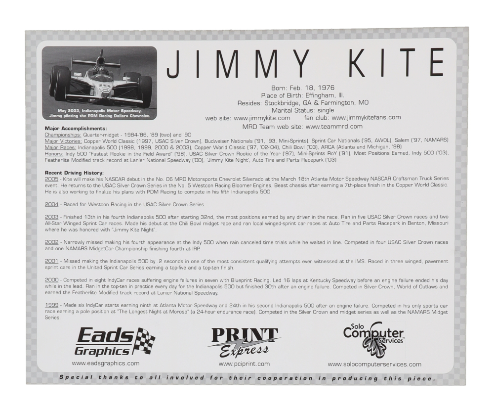 Jimmy Kite Signed NASCAR Flyer (Beckett) | Pristine Auction