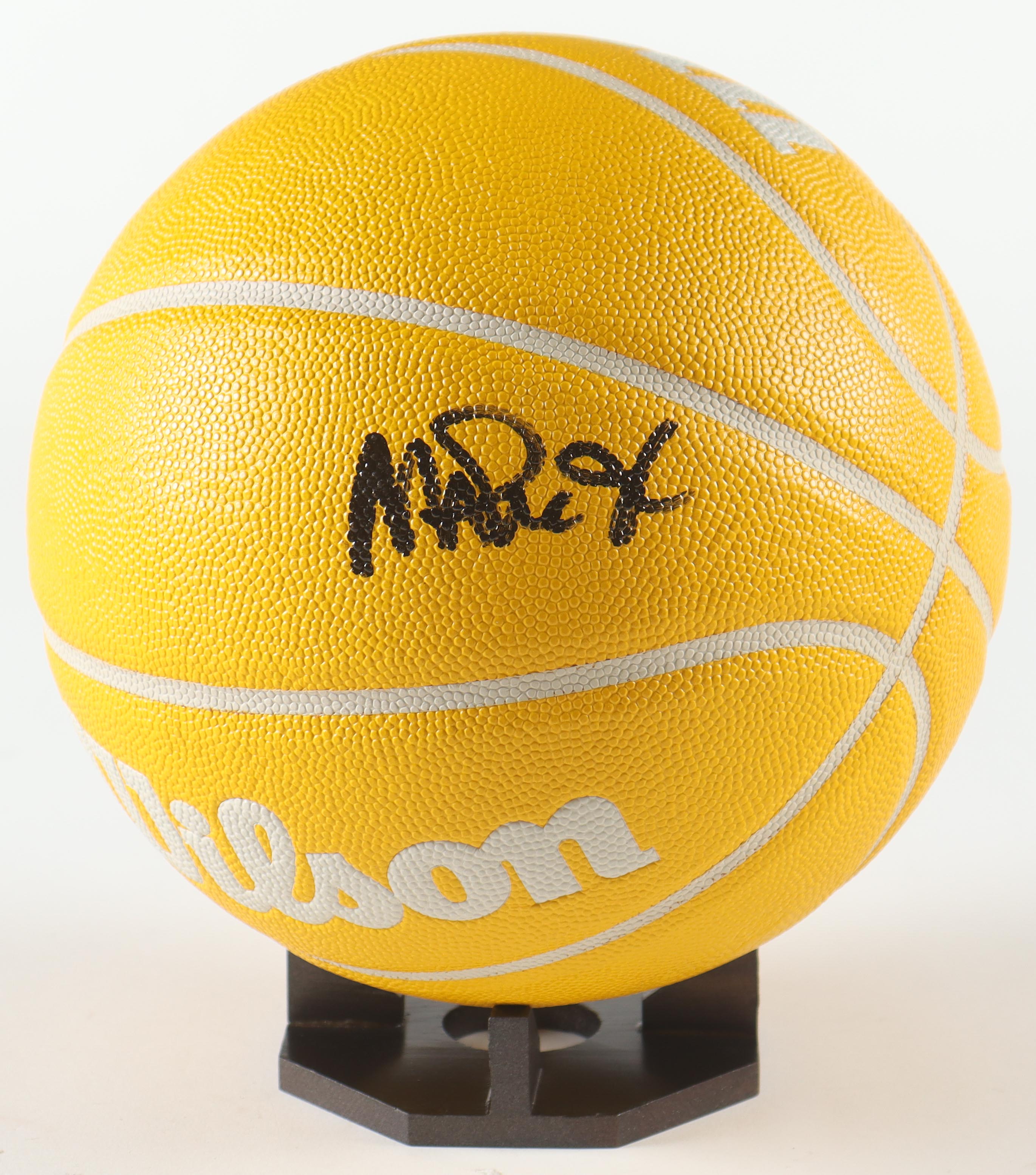 Magic Johnson Signed NBA Yellow Throwback Basketball With Wood Display ...