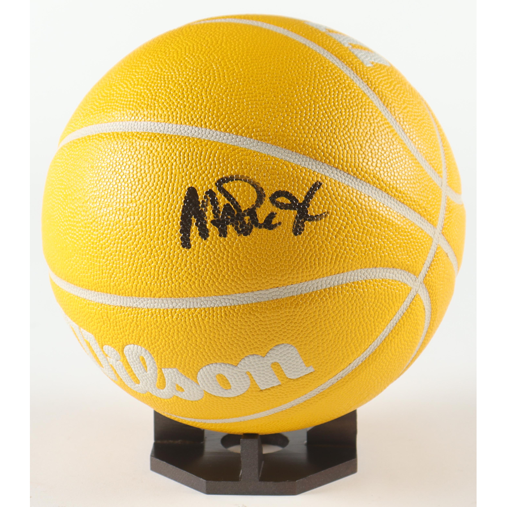 Magic Johnson Signed NBA Yellow Throwback Basketball With Wood Display ...