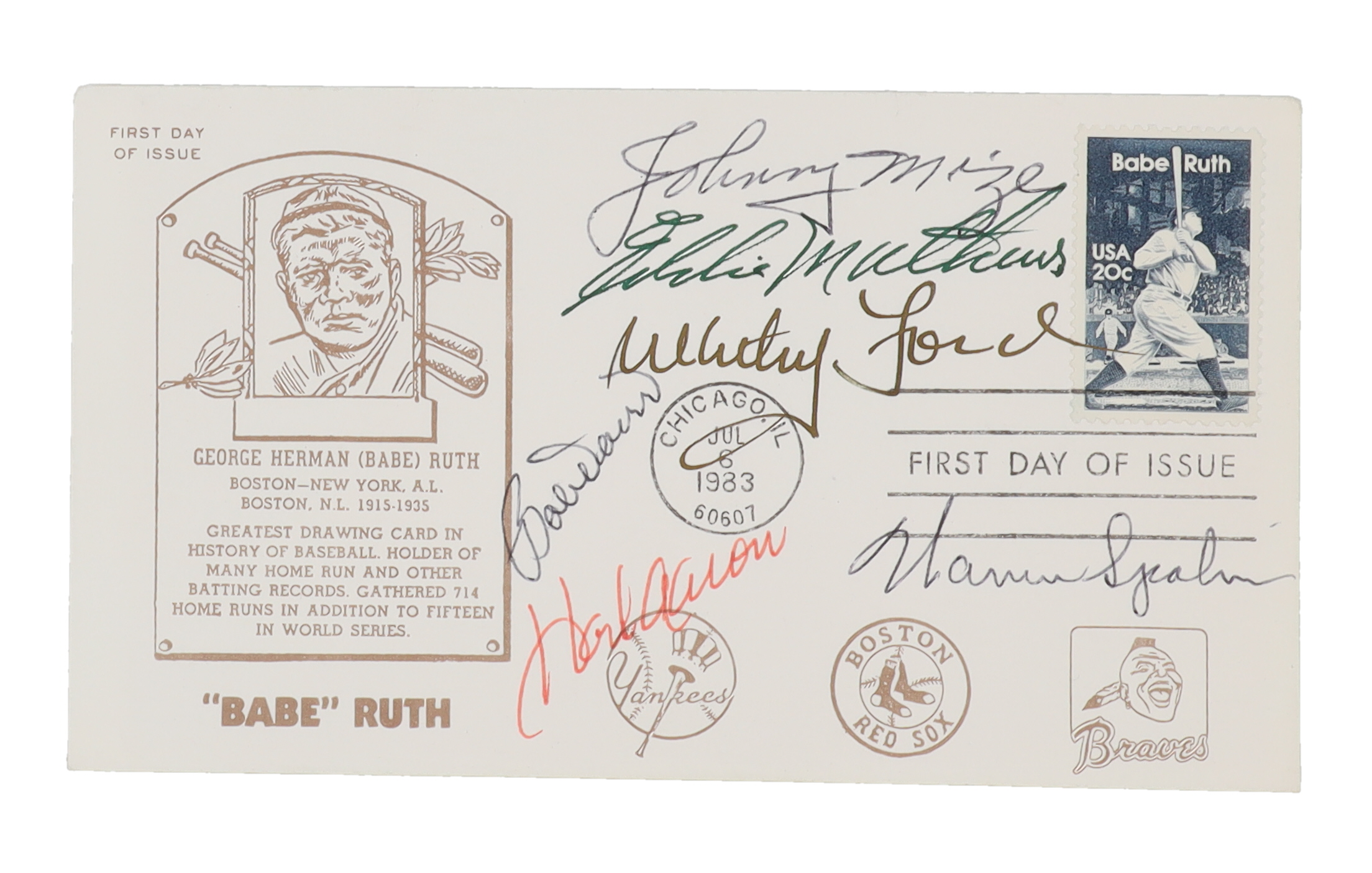 "Babe Ruth" 1983 FDC Envelope Signed By (6) With Hank Aaron, Bob Doerr ...