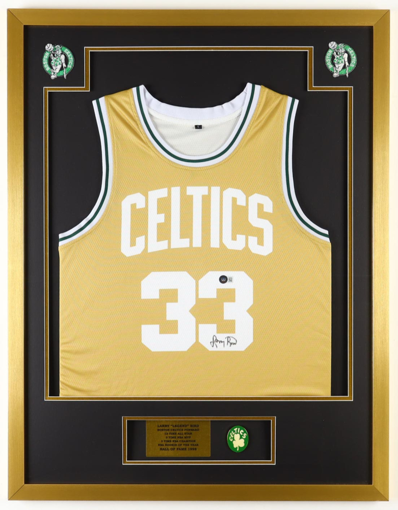 Larry Bird Signed Celtics Special Edition Gold Jersey Custom Framed Display with Pair of Team ...