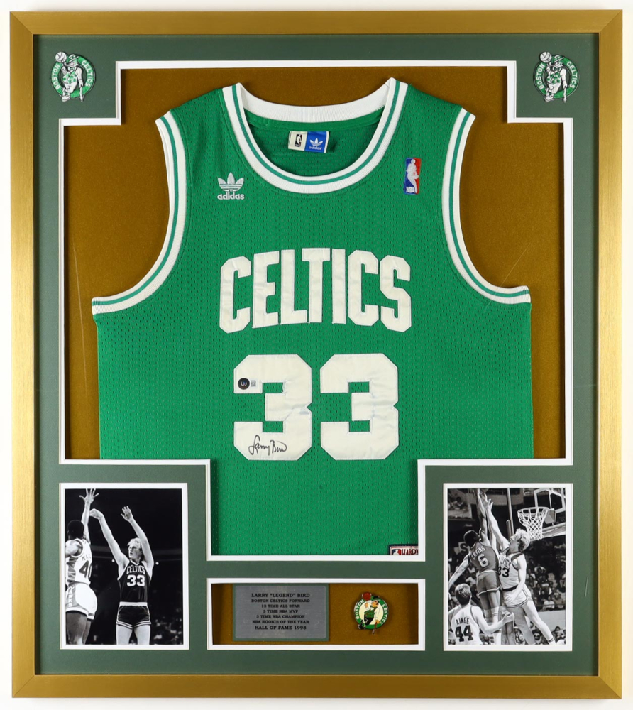 Larry Bird Signed Celtics Vintage Adidas Jersey Custom Framed Display with Pair of Team Logo ...