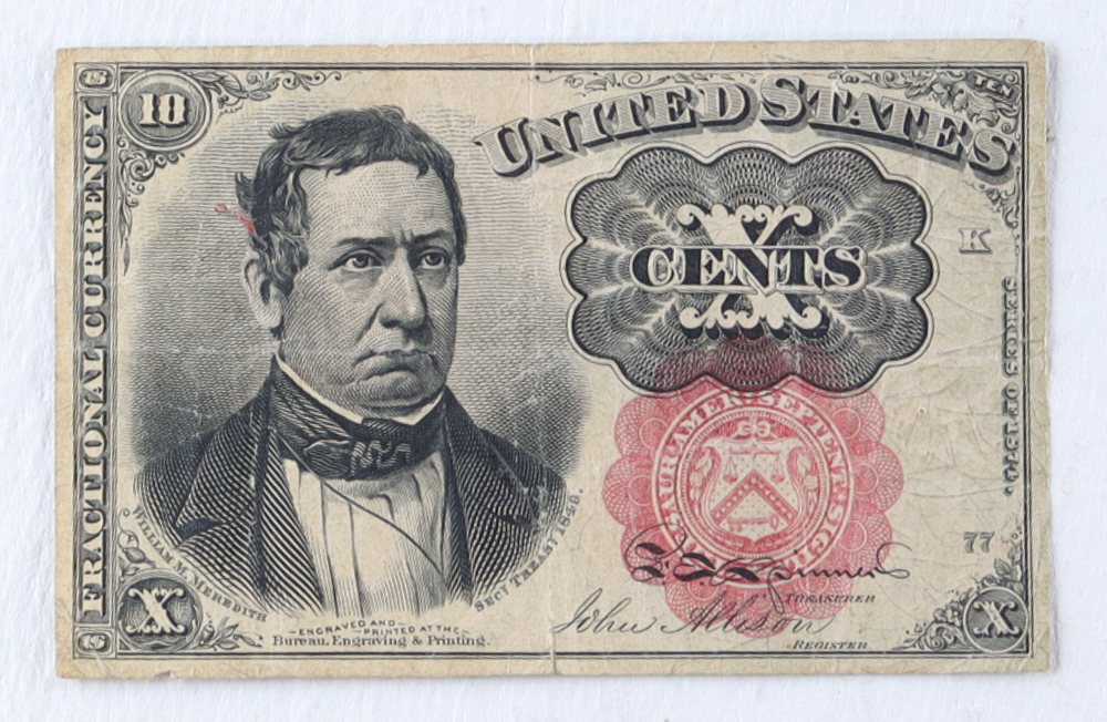 1874 U.S. .10¢ Fractional Currency Note, 5th Issue Red Seal / Short Key ...