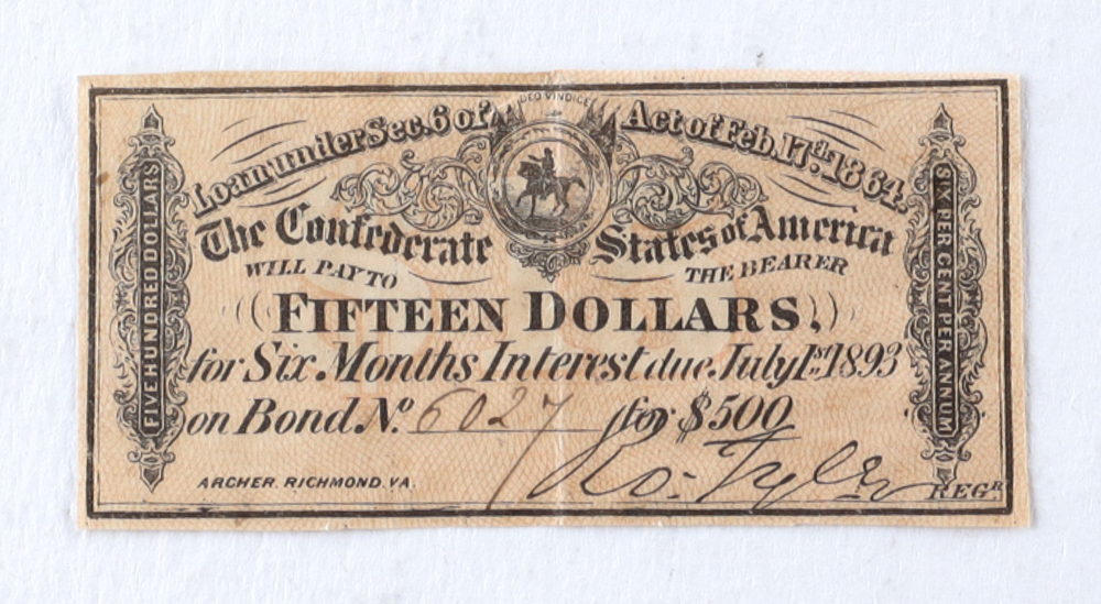 1866 $15 Fifteen Dollars Confederate States of America Richmond CSA ...