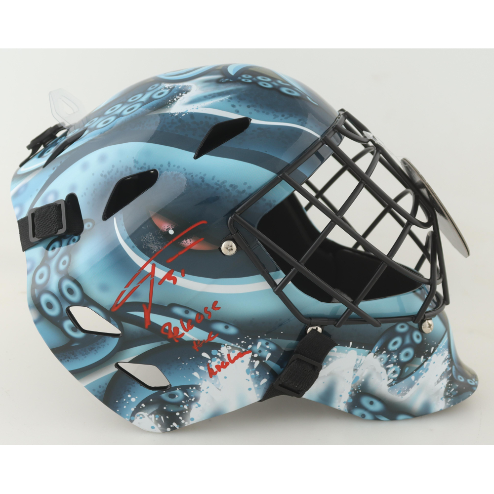 Philipp Grubauer Signed Kraken Goalie Helmet Inscribed "Release The ...