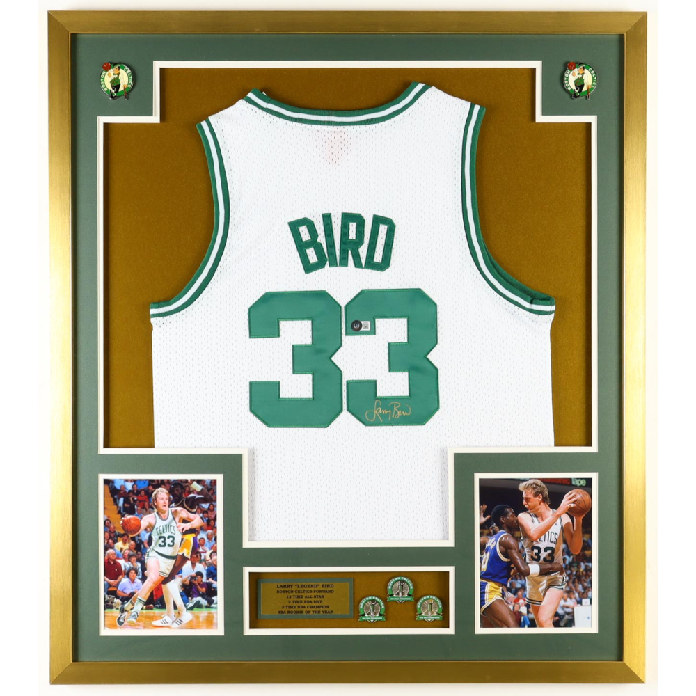 Larry Bird Signed Custom Framed Jersey Display with (2) Metal Team Logo ...