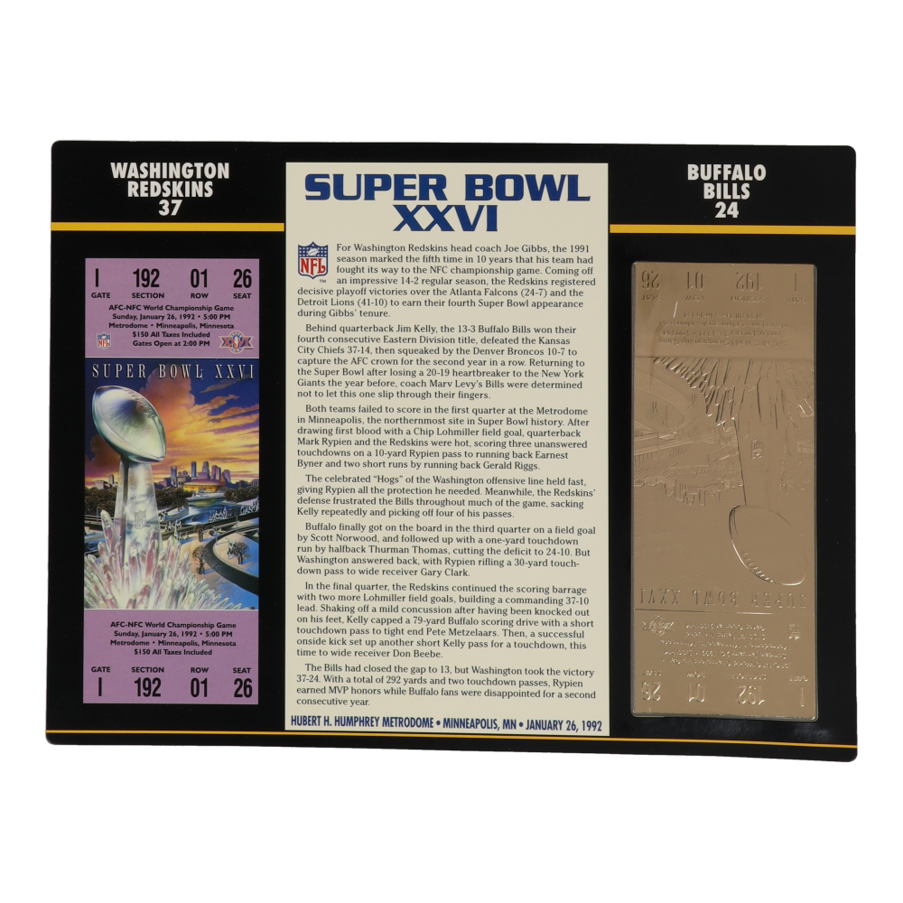 Super Bowl XXVI Commemorative 9x12 Score Card Display with 22KT Gold ...
