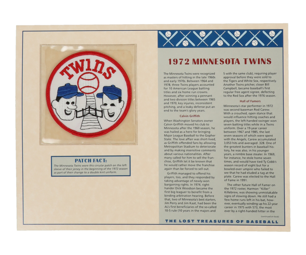 1972 Twins Retired Cloth Uniform Patch with 9x12 Stat Card | Pristine ...