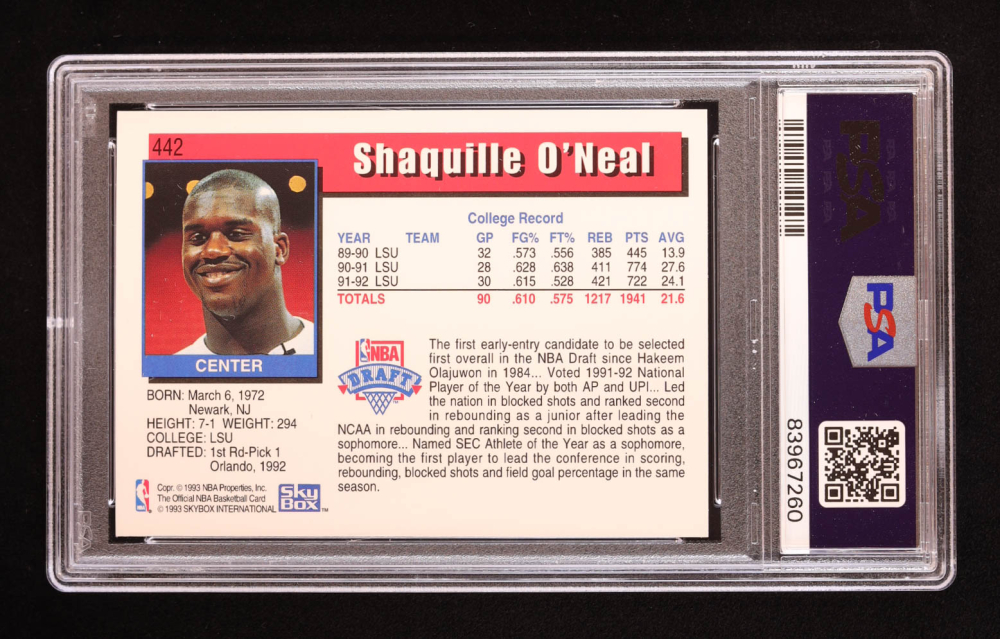 Shaquille O'Neal Signed 1992-93 Hoops #442 RC (PSA 9 | Autograph Grade ...