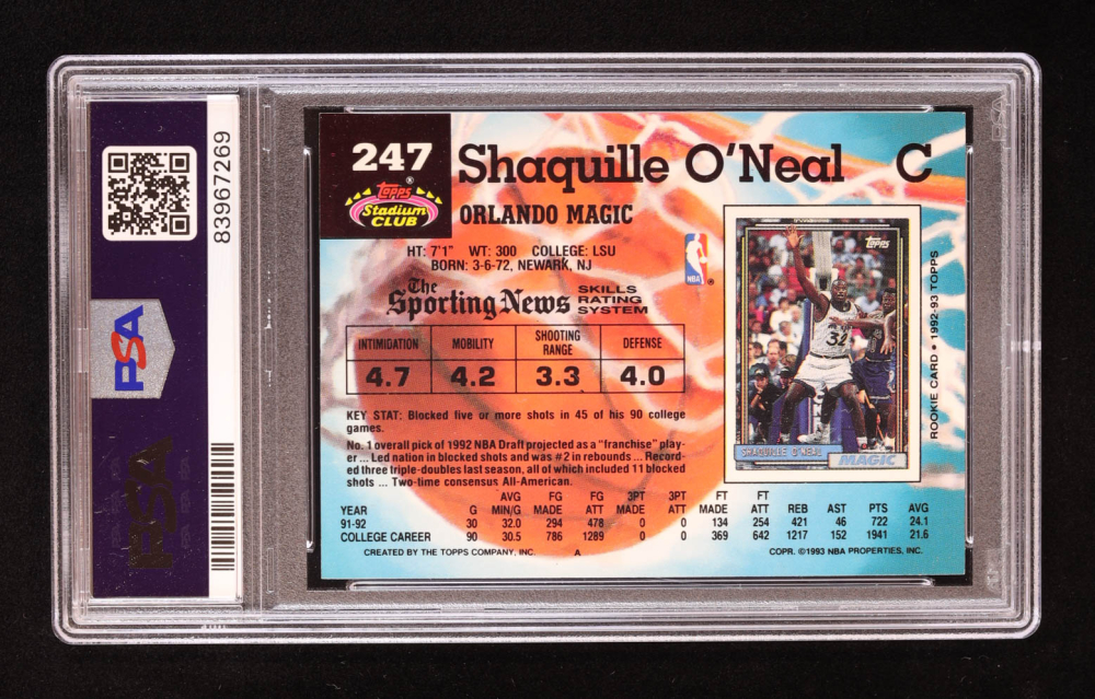Shaquille O'Neal Signed 1992-93 Stadium Club #247 RC (PSA 9 | Autograph ...
