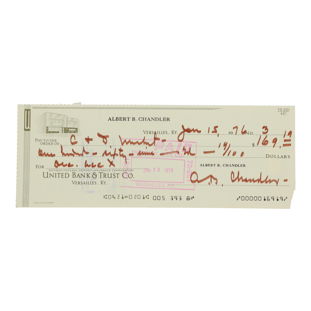 Albert "Happy" Chandler Signed 1976 Personal Bank Check (JSA ...