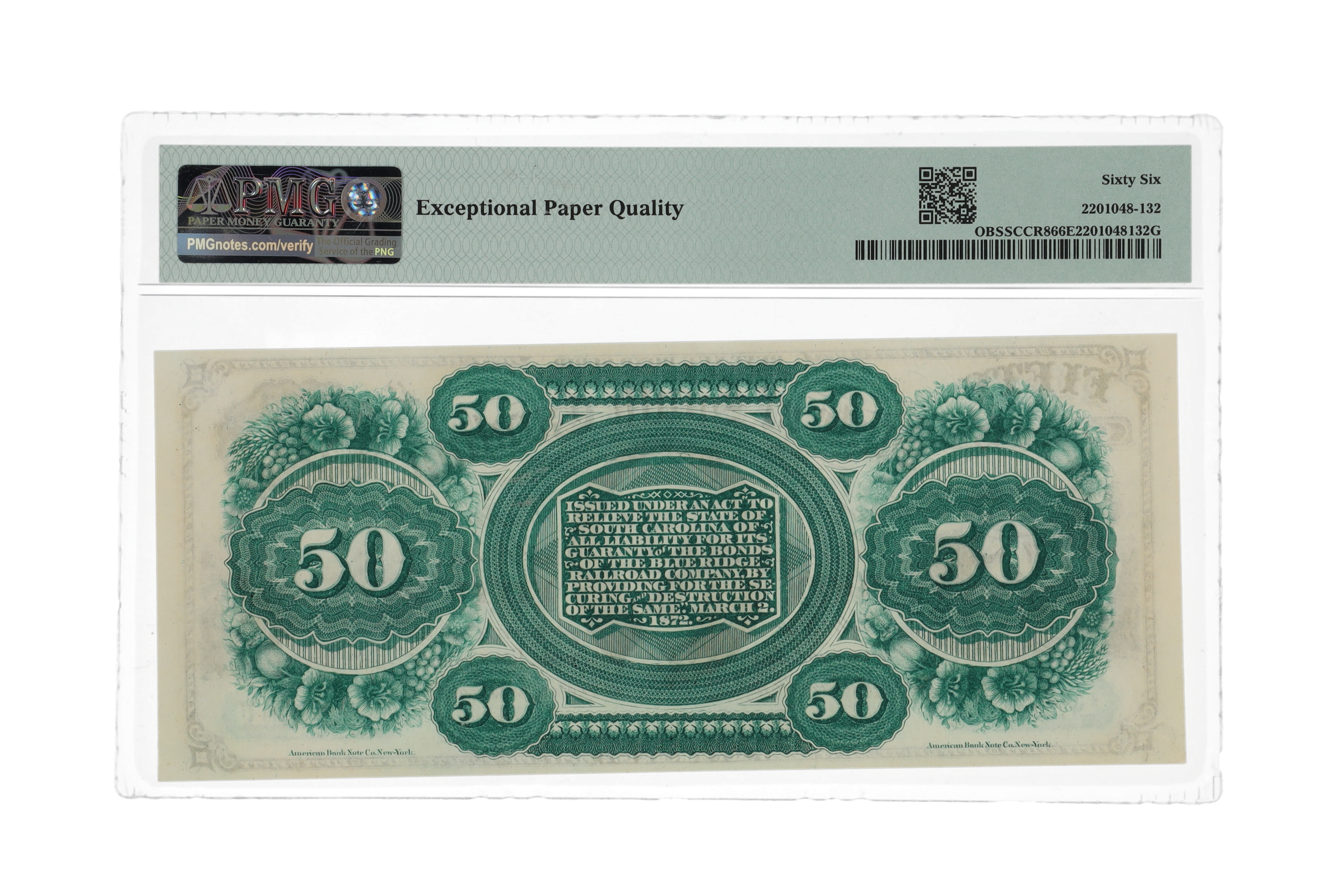 1872 State of South Carolina $50 Revenue Bond Script (PMG GU66 ...