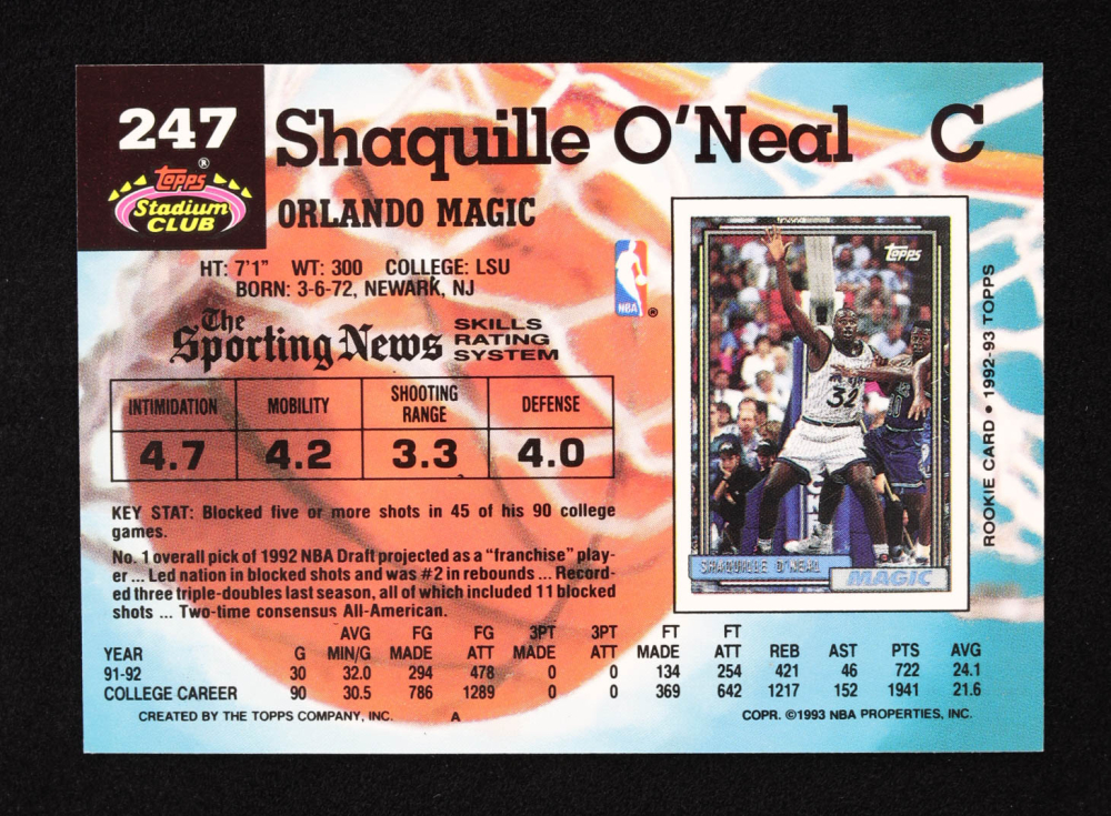 Shaquille O'Neal 1992-93 Stadium Club #247 RC | Pristine Auction