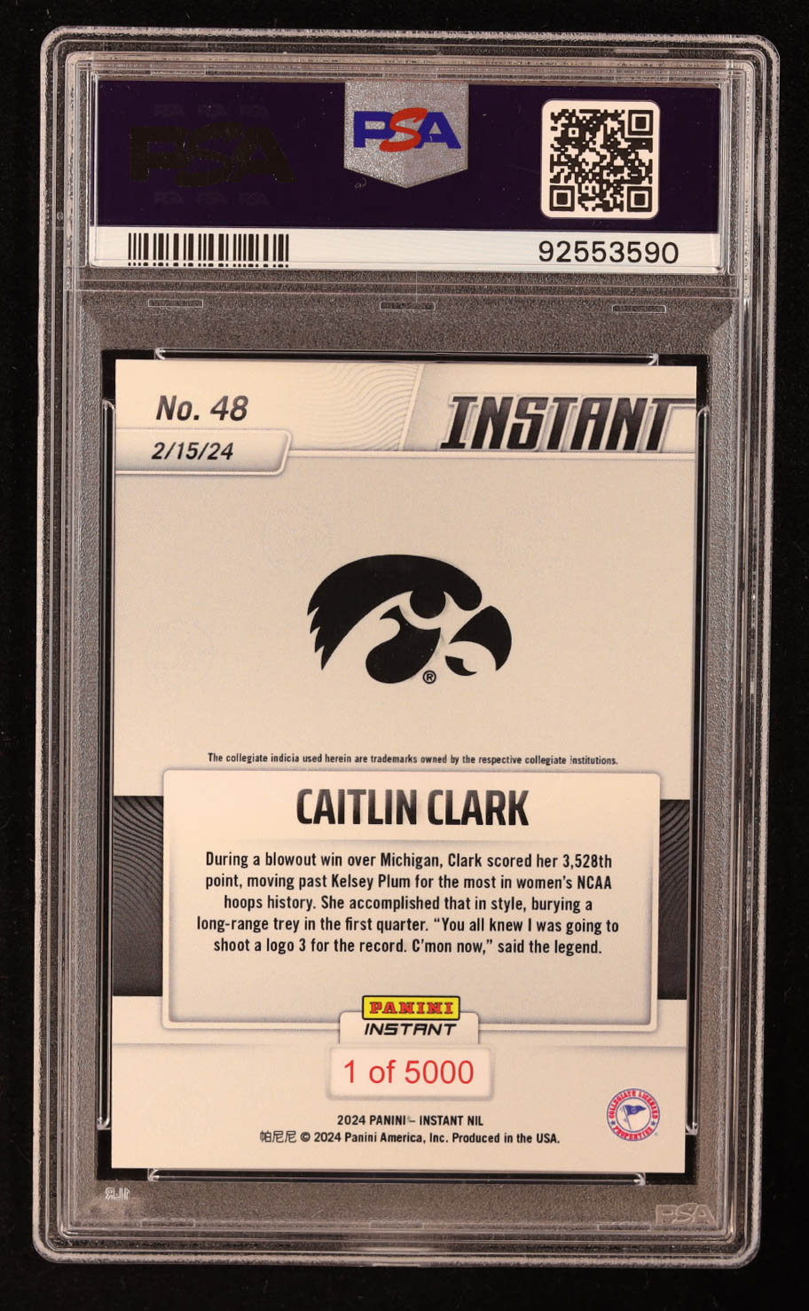 Caitlin Clark 2024 Panini Instant NIL #48 RC (PSA 10) | Pristine Auction