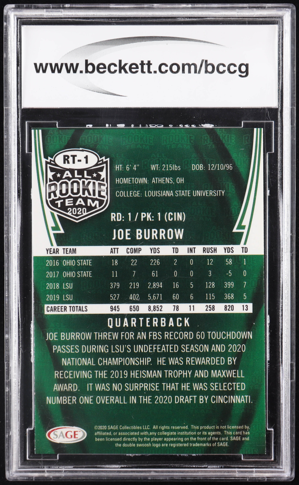 Joe Burrow 2020 SAGE All Rookie Team #RT1 RC (BCCG 9) | Pristine Auction