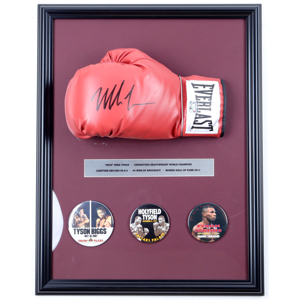 Mike Tyson Signed Custom Framed Everlast Boxing Glove Display With (3) Fight Promotion Pins ...