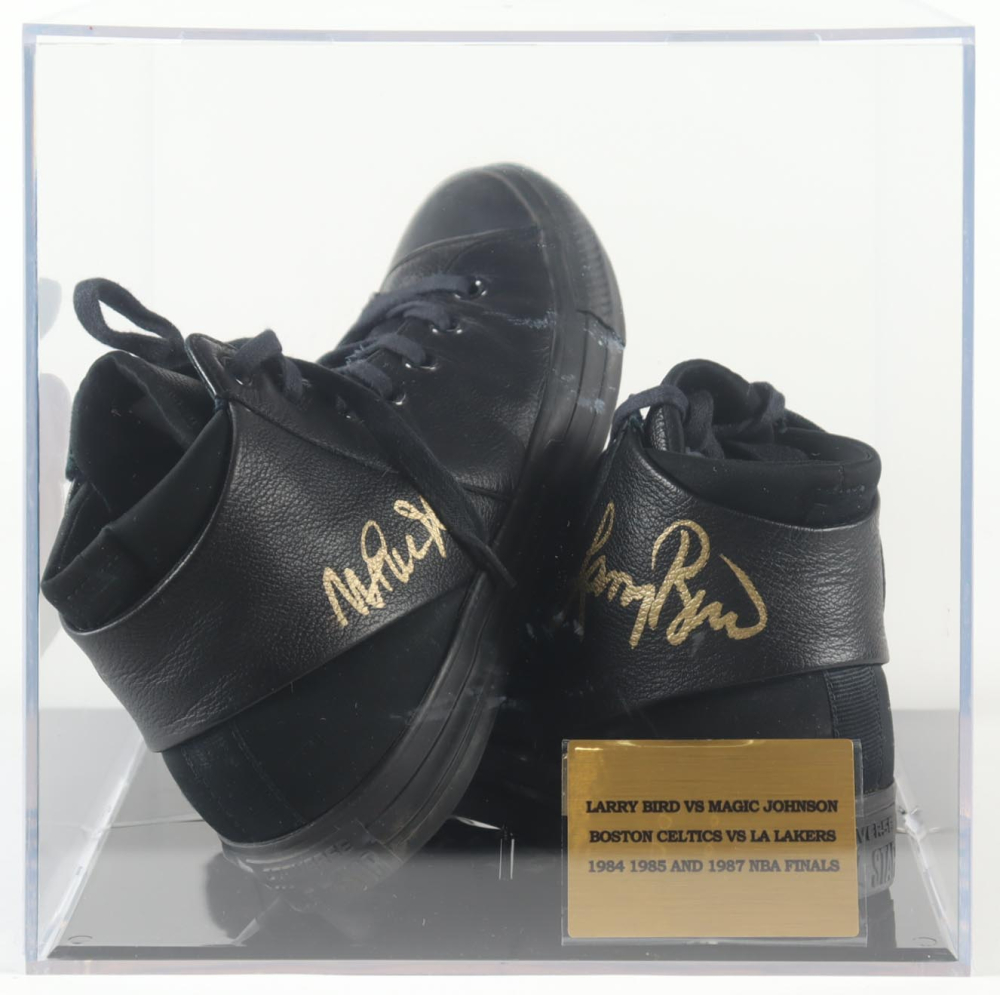 Magic Johnson & Larry Bird Signed Pair of Converse Basketball Shoes with Statistics Plaque ...