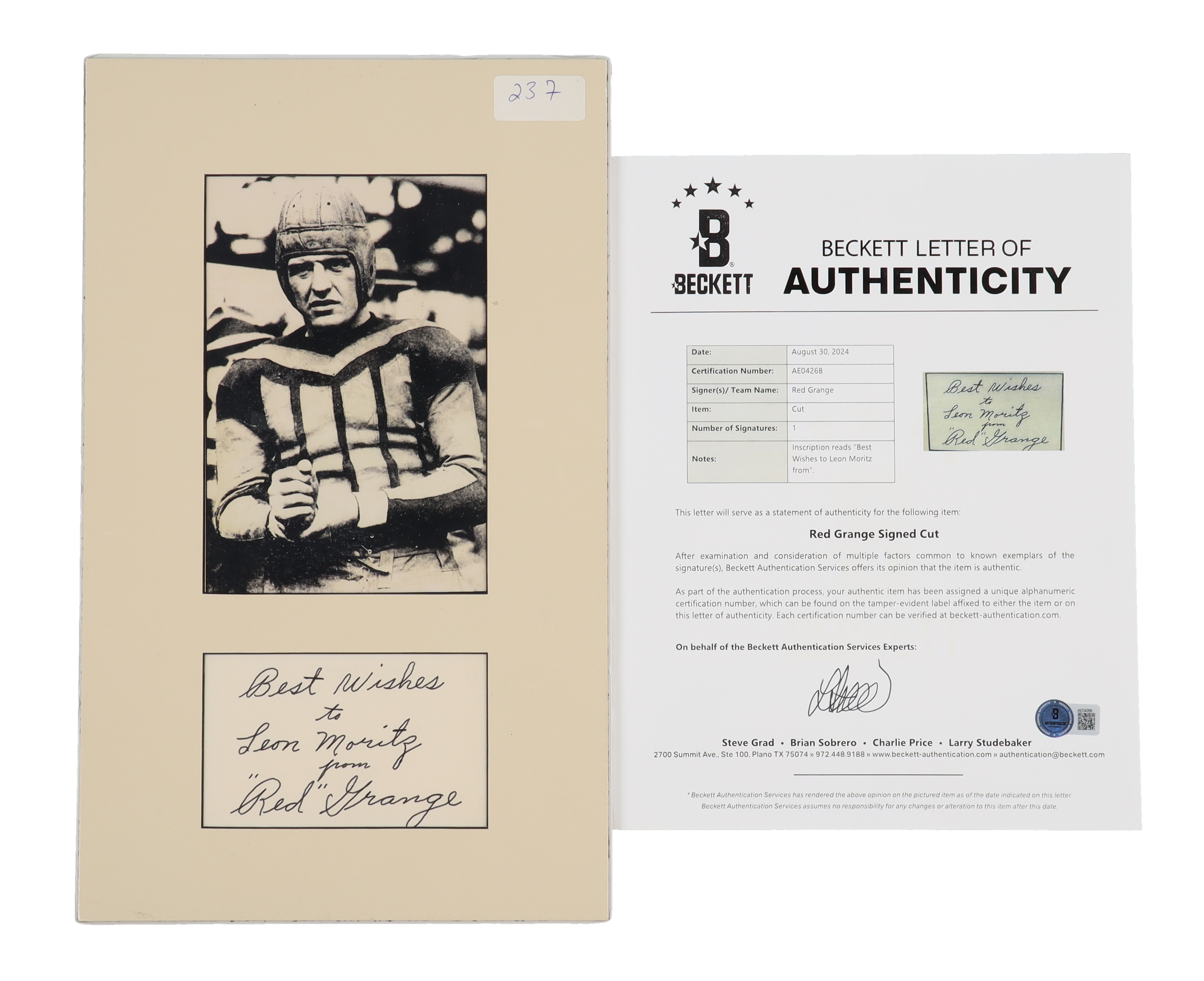 "Red" Grange Signed Bears Custom Matted Index Card with Personalized ...