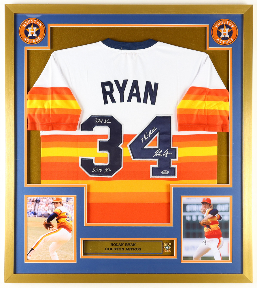 Nolan Ryan Signed Custom Framed Jersey Display With Hall Of Fame Pin & (2) Cloth Logo Patches ...