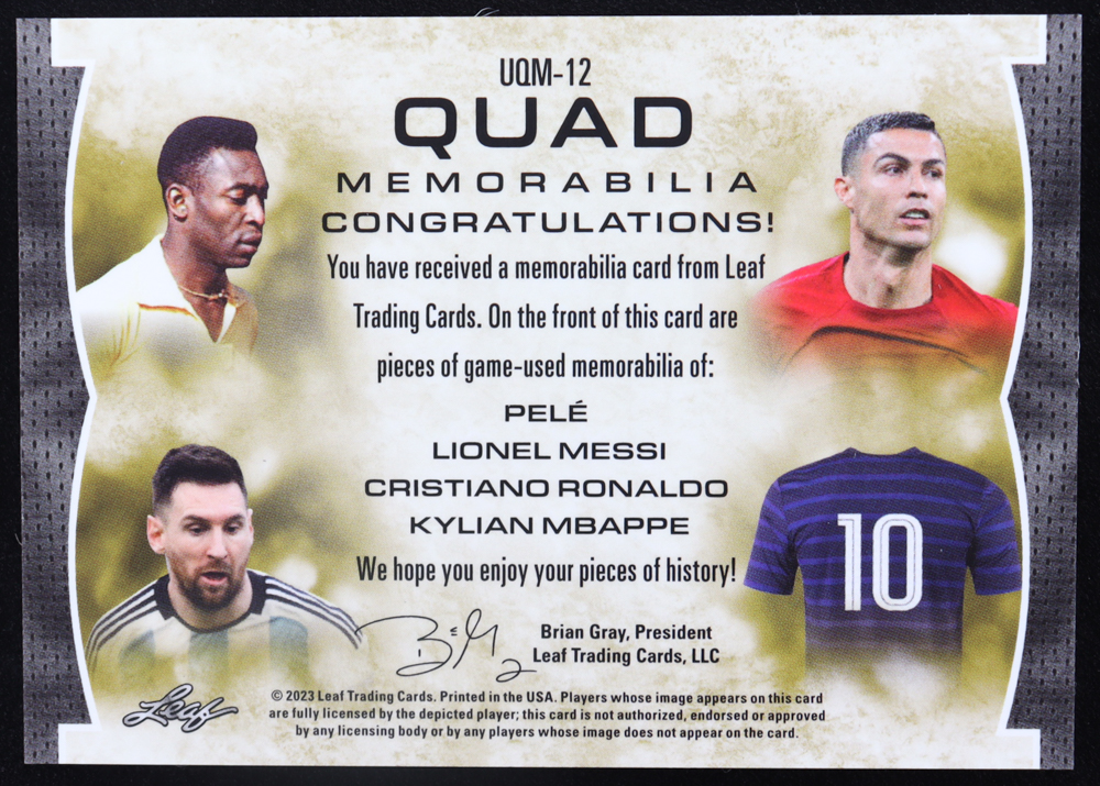 Pele / Cristiano Ronaldo / Lionel Messi / Kylian Mbappe 2023 Leaf Ultimate Quad Memorabilia Gold ...
